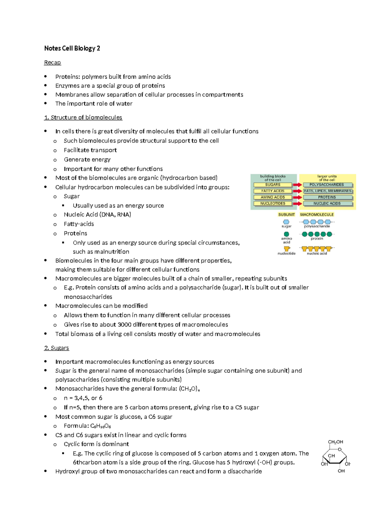 Cell Biology 2: Week 1 Lecture 2 Notes on Biomolecules and Functions ...