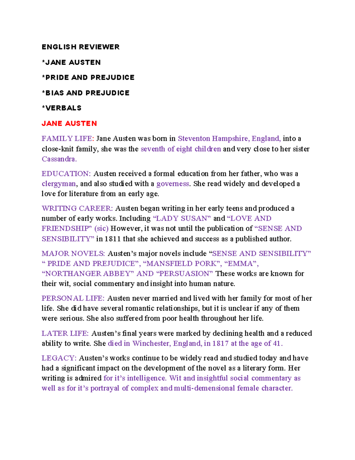 3rd quarter english reviewer - ENGLISH REVIEWER *JANE AUSTEN *PRIDE AND ...