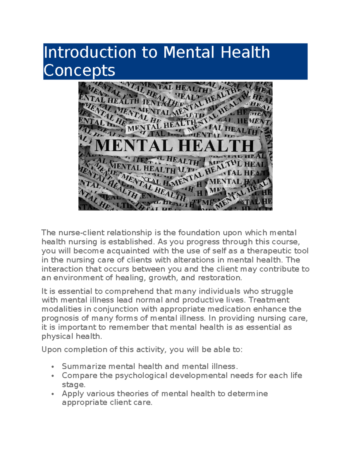 Introduction to Mental Health Concepts - Introduction to Mental Health ...