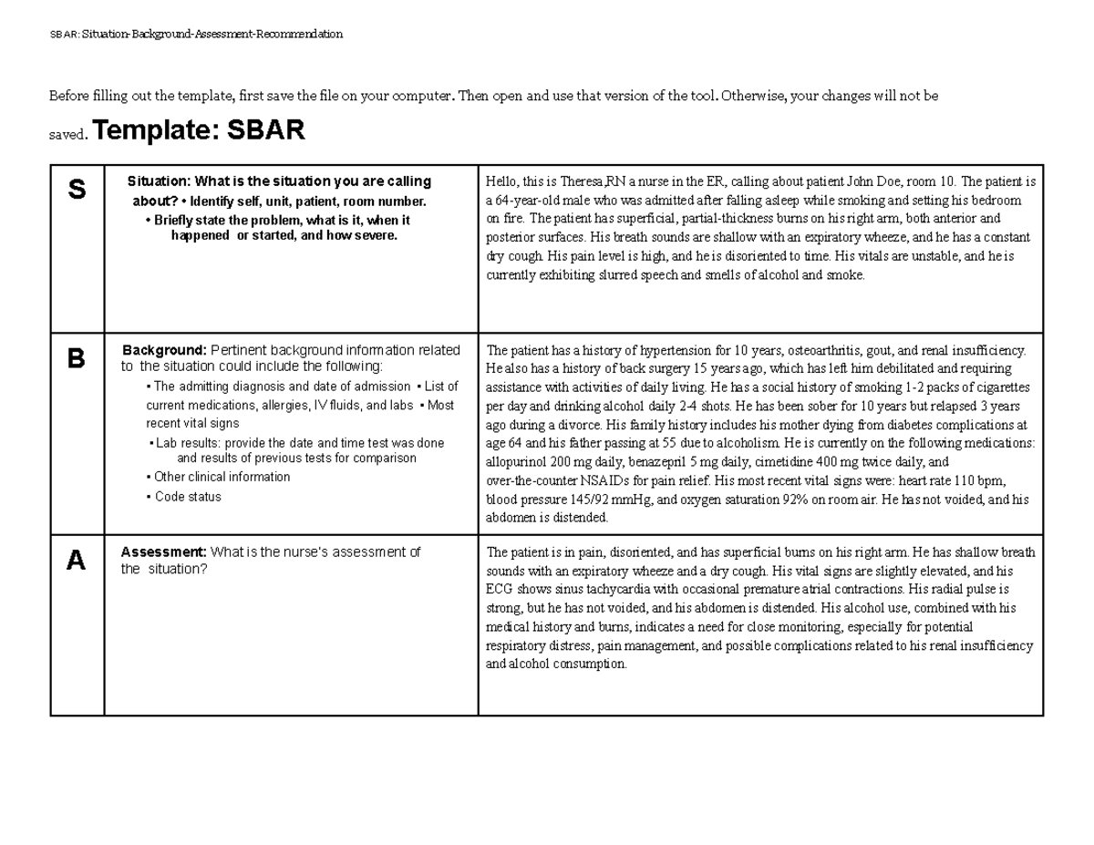 SBAR report burns - SBAR: Situation-Background-Assessment ...