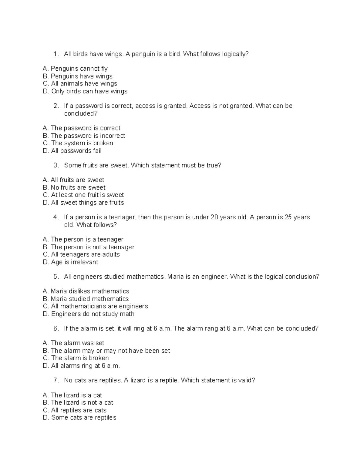 Logic and Reasoning Practice Questions - Course Code: 101 - Studocu