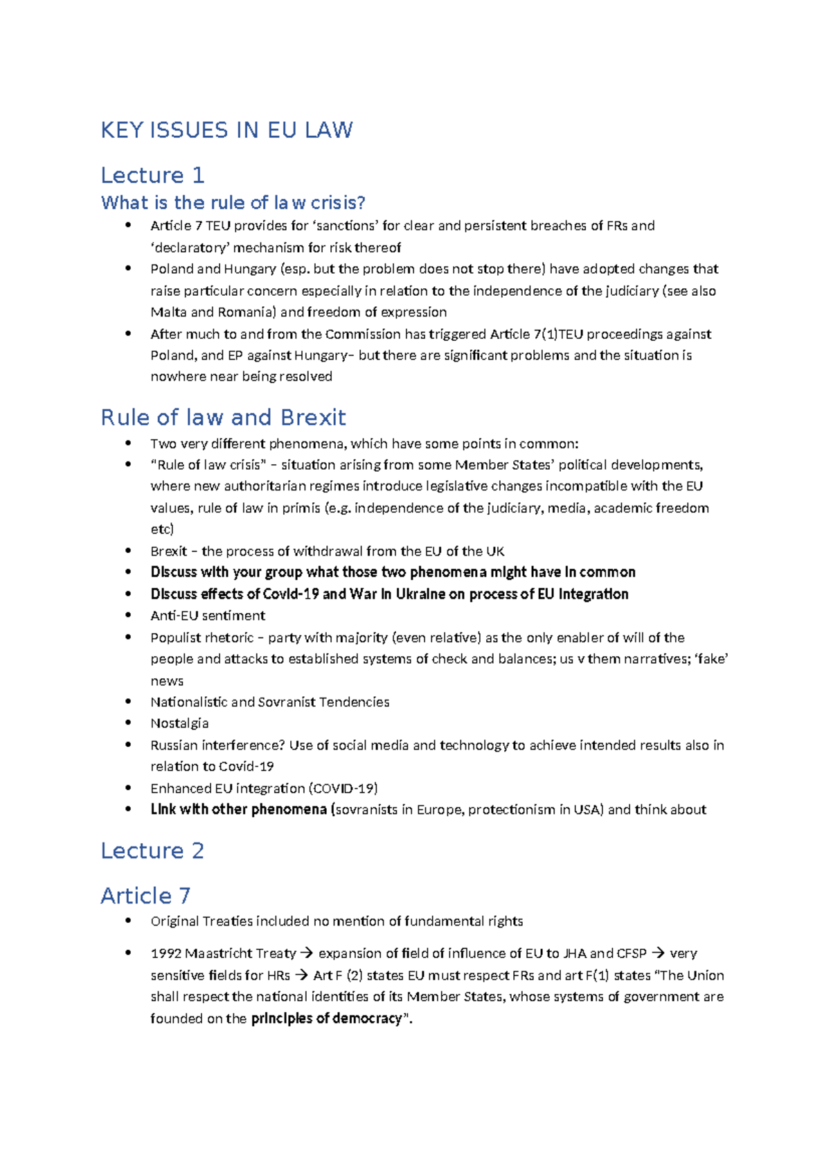 LAW50204 - Key Issues in EU Law: Lecture 1 & 2 Overview - Studocu