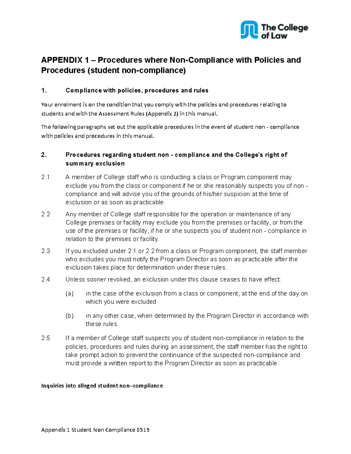 Appendix 1: Student Non-Compliance Procedures and Policies 0519 - Studocu