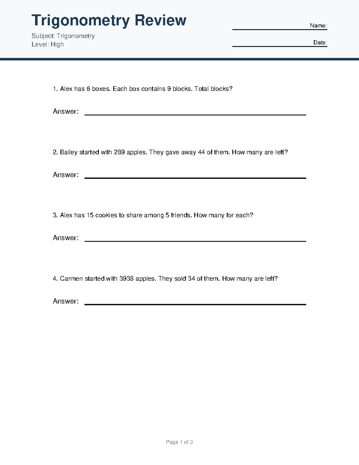 Trigonometry Review 1 - High Level Practice Problems - Studocu
