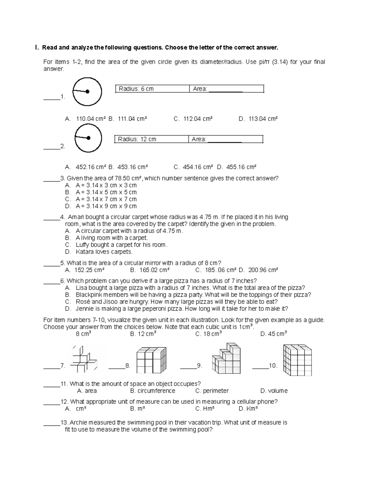Quiz on Area and Volume Calculations (MATH 101) - Studocu
