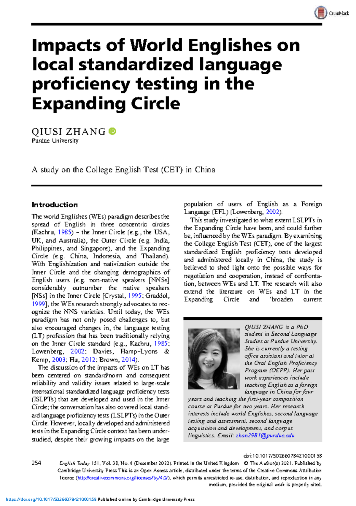 Impacts of World Englishes on Local Language Testing: A Study of CET in ...