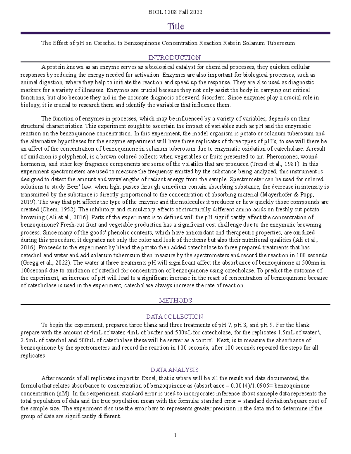 Partial Lab Report Template - BIOL 1208 Fall 2022 Title The Effect of pH on Catechol to ...