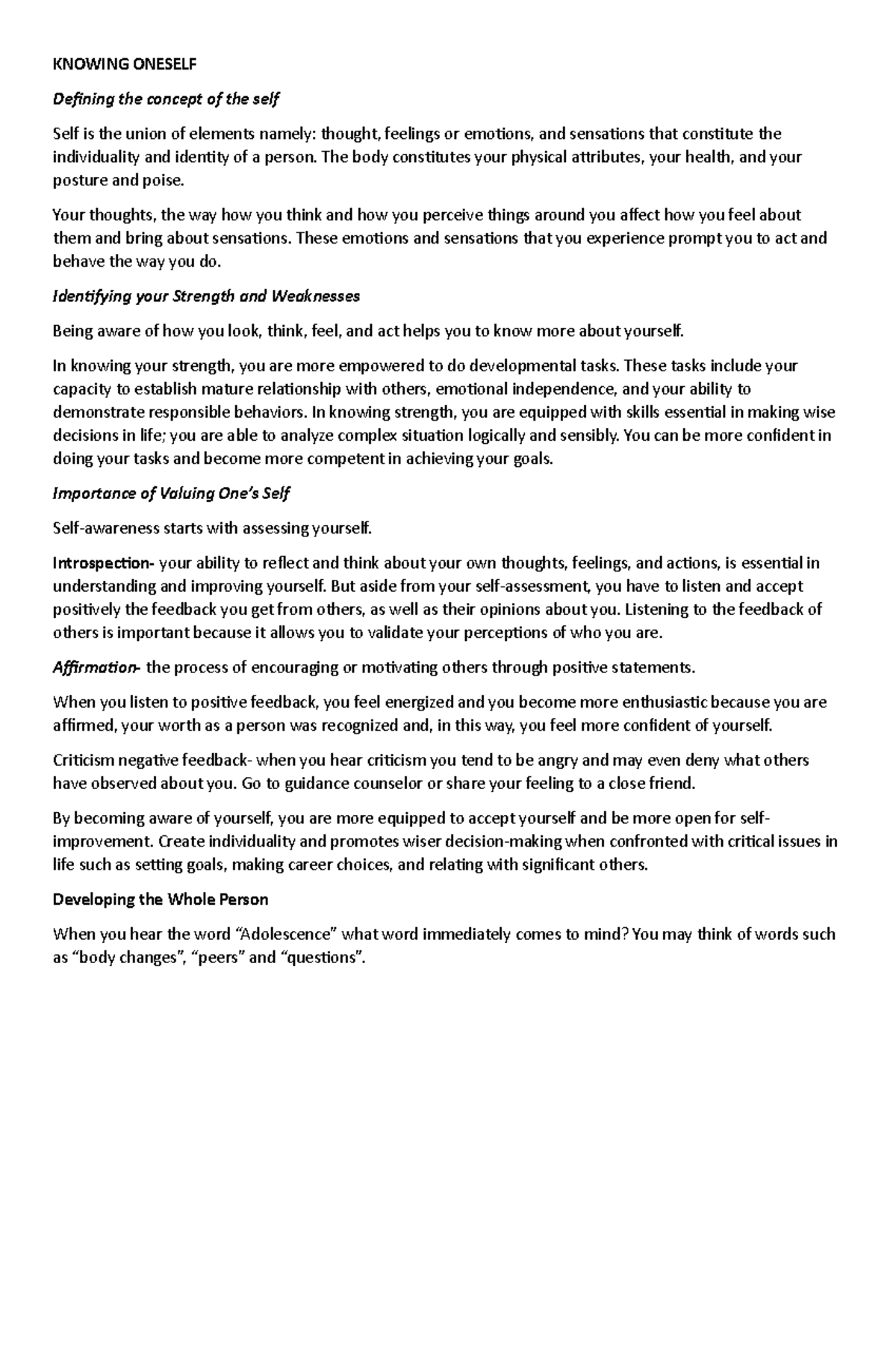 Knowing Oneself: A Guide to Personal Development & Self-Awareness - Studocu