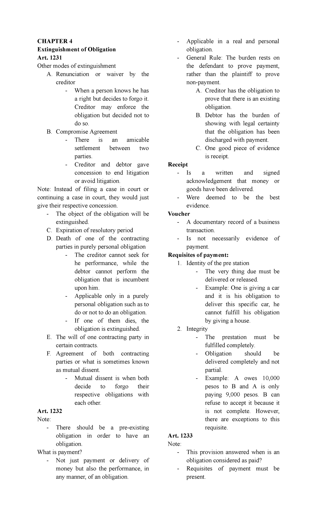 LAW 1231 CHAPTER 4: Extinguishment of Obligation & Payment Principles - Studocu