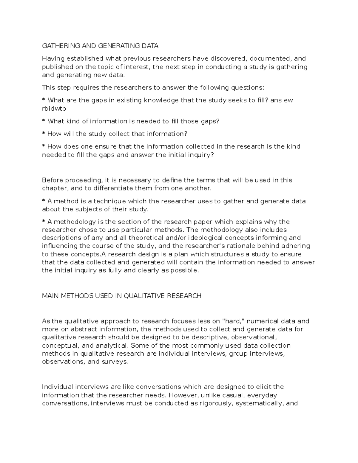 Gathering and Generating Data Notes for Research Methods (ENG101) - Studocu