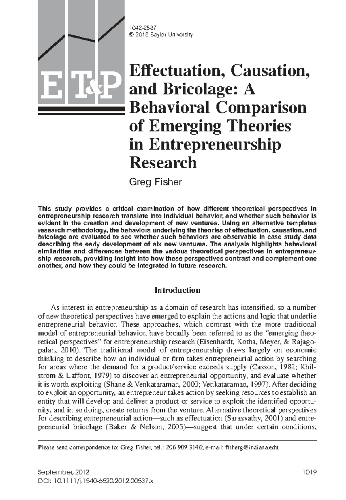 Fisher-2012: Effectuation, Causation, and Bricolage in Entrepreneurship ...