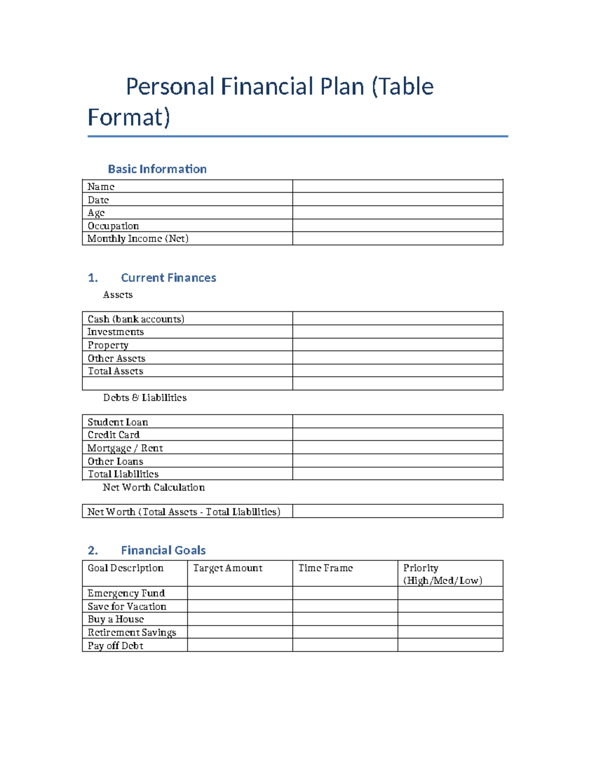 Personal Financial Plan (Table Format) - Goals & Current Finances - Studocu