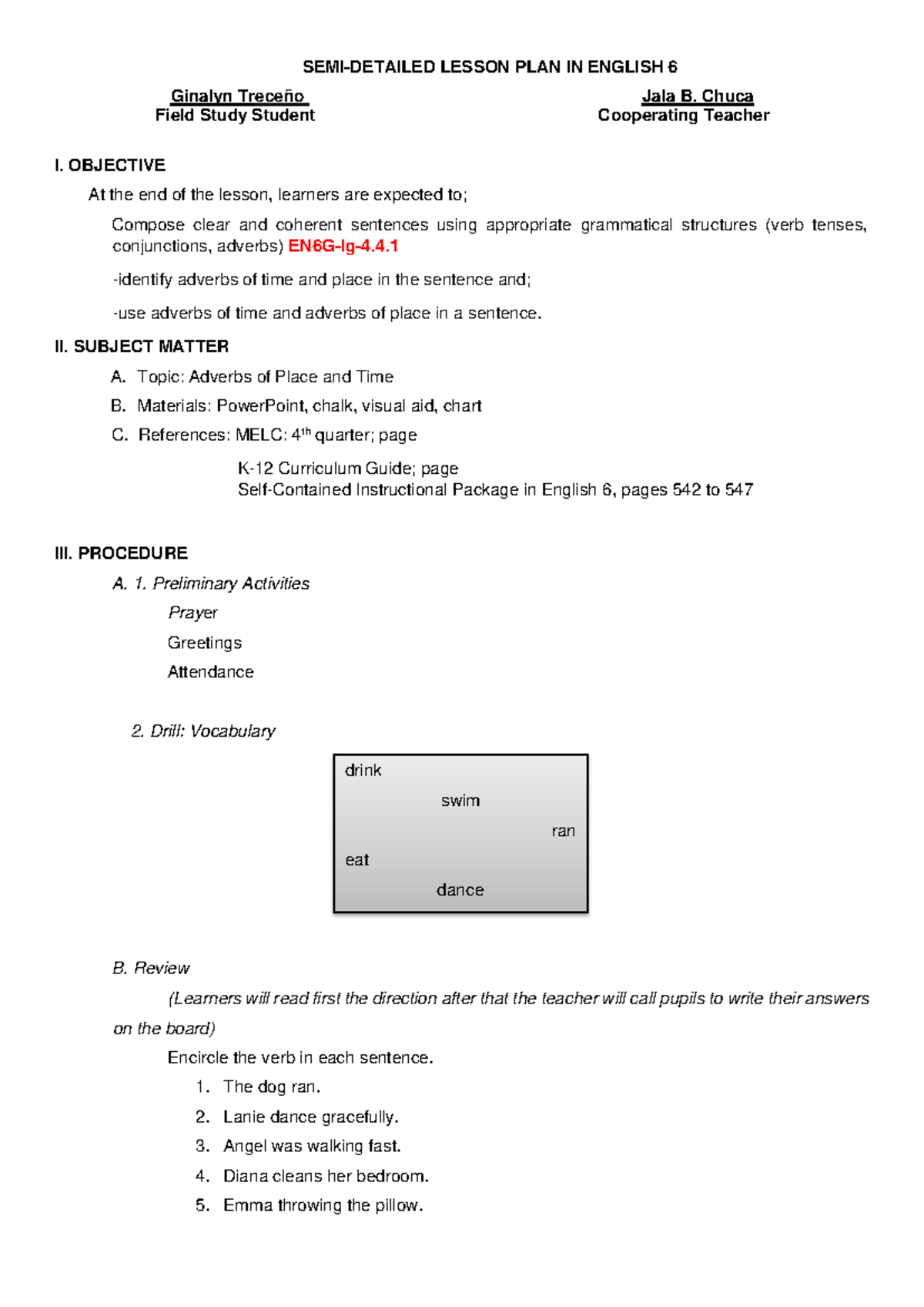 Semi-Detailed Lesson Plan in English 6: Adverbs of Time & Place - Studocu