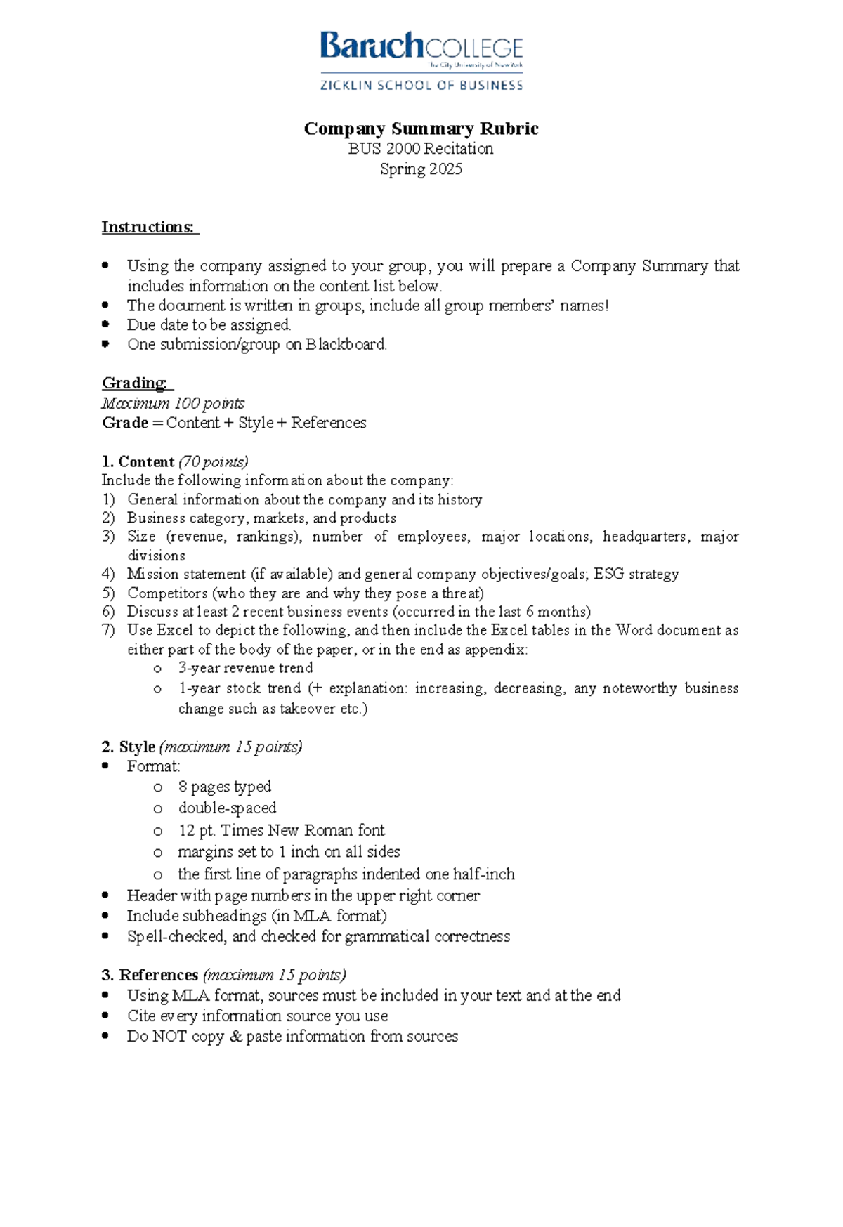 Company Summary Rubric BUS Recitation Spring 2025 Guidelines - Studocu