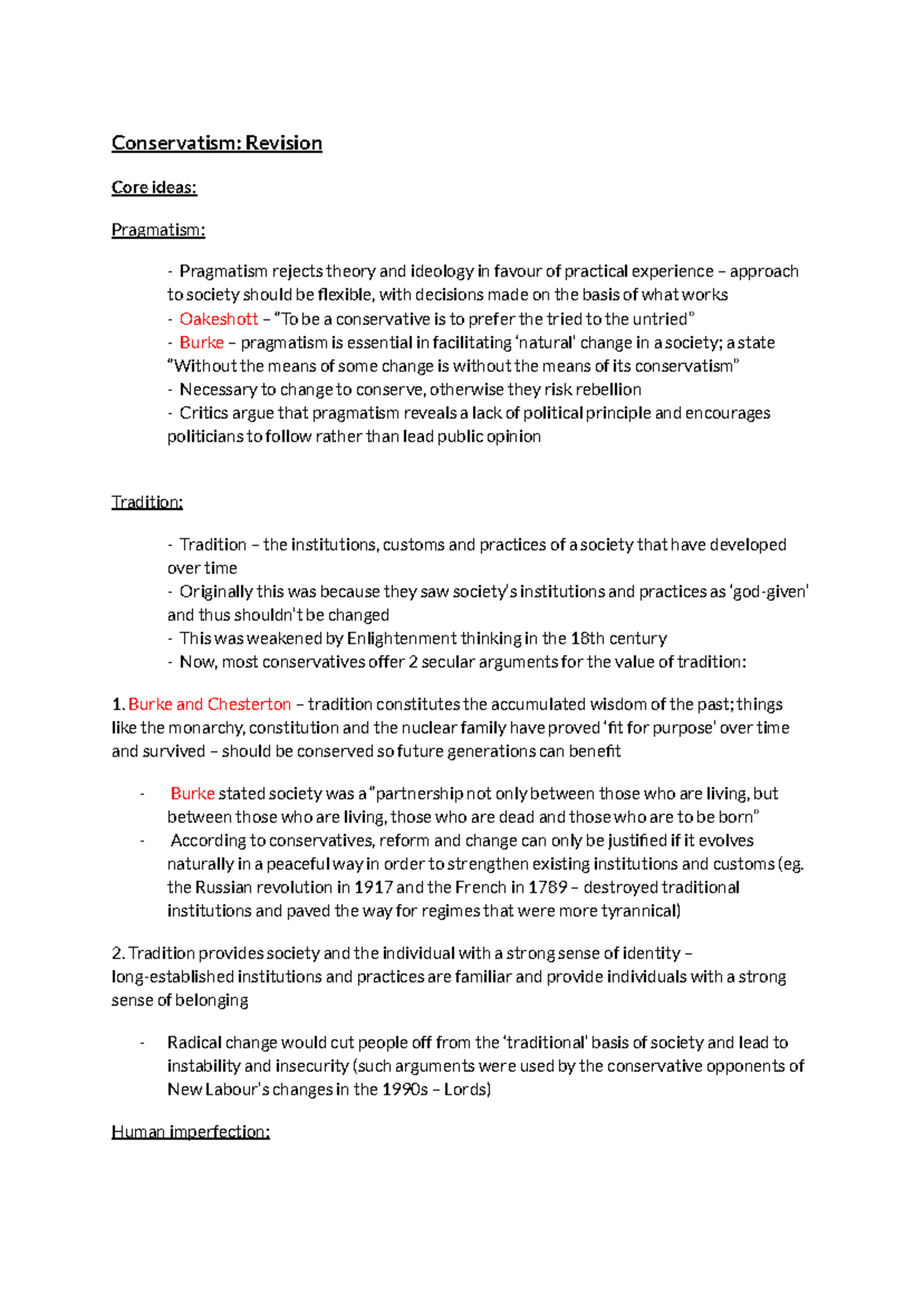 Conservatism Revision Notes: Key Concepts and Thinkers - Studocu