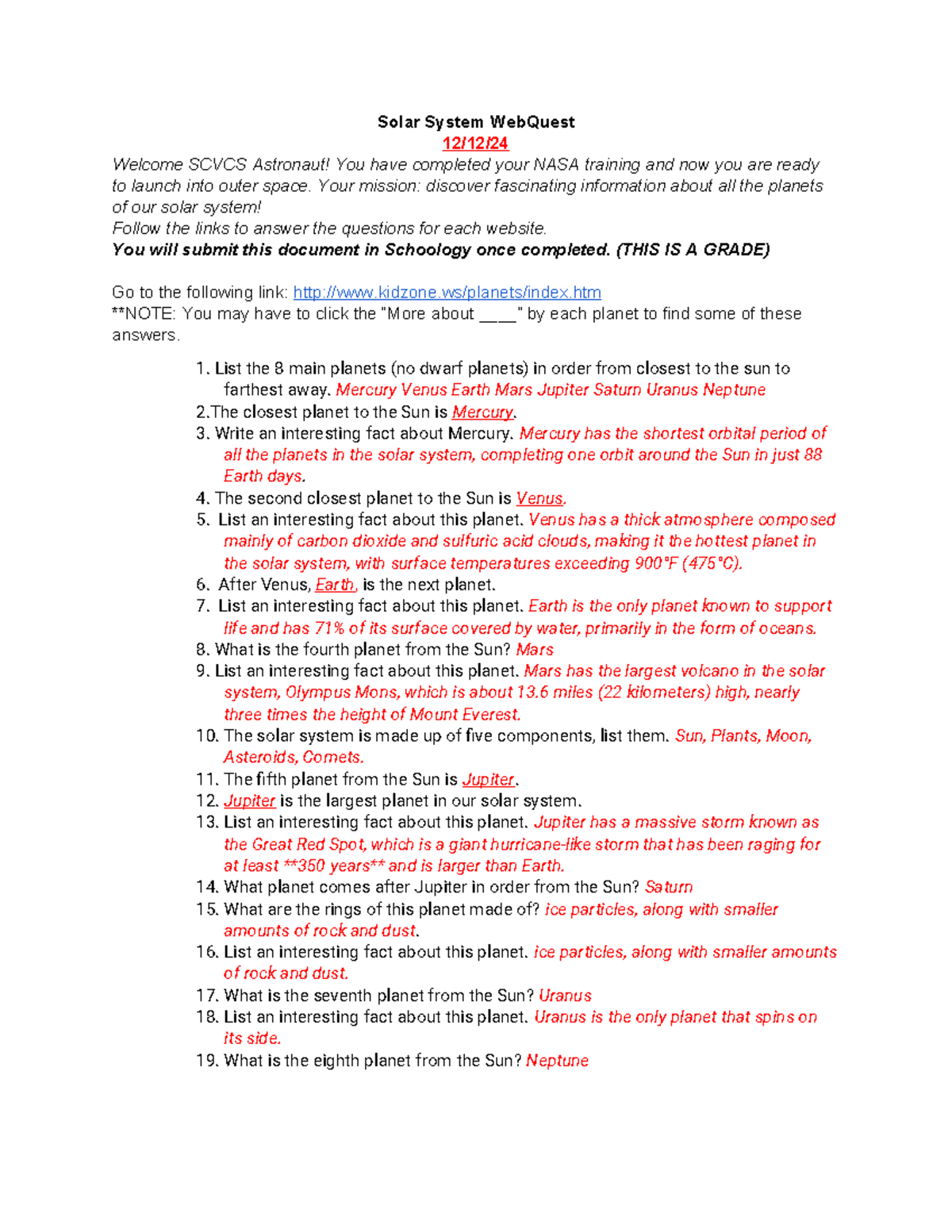 4th Grade Solar System Webquest