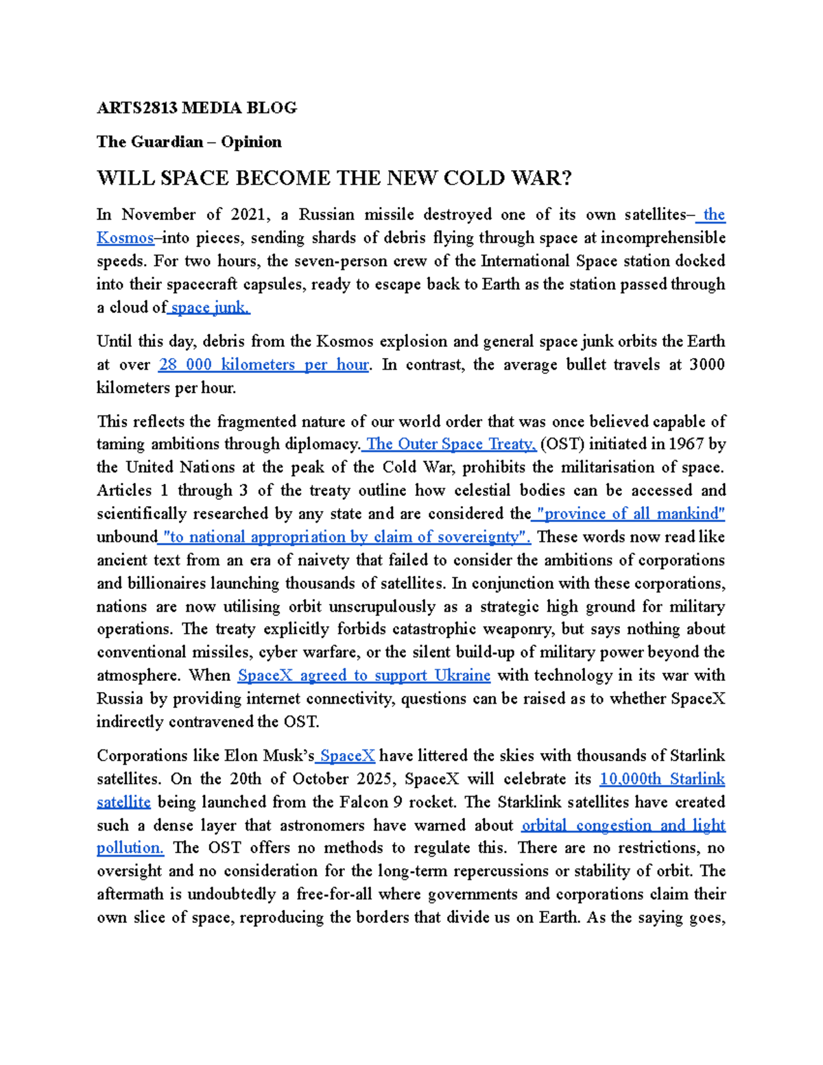 ARTS2813 Media Blog: The New Cold War in Space Exploration - Studocu