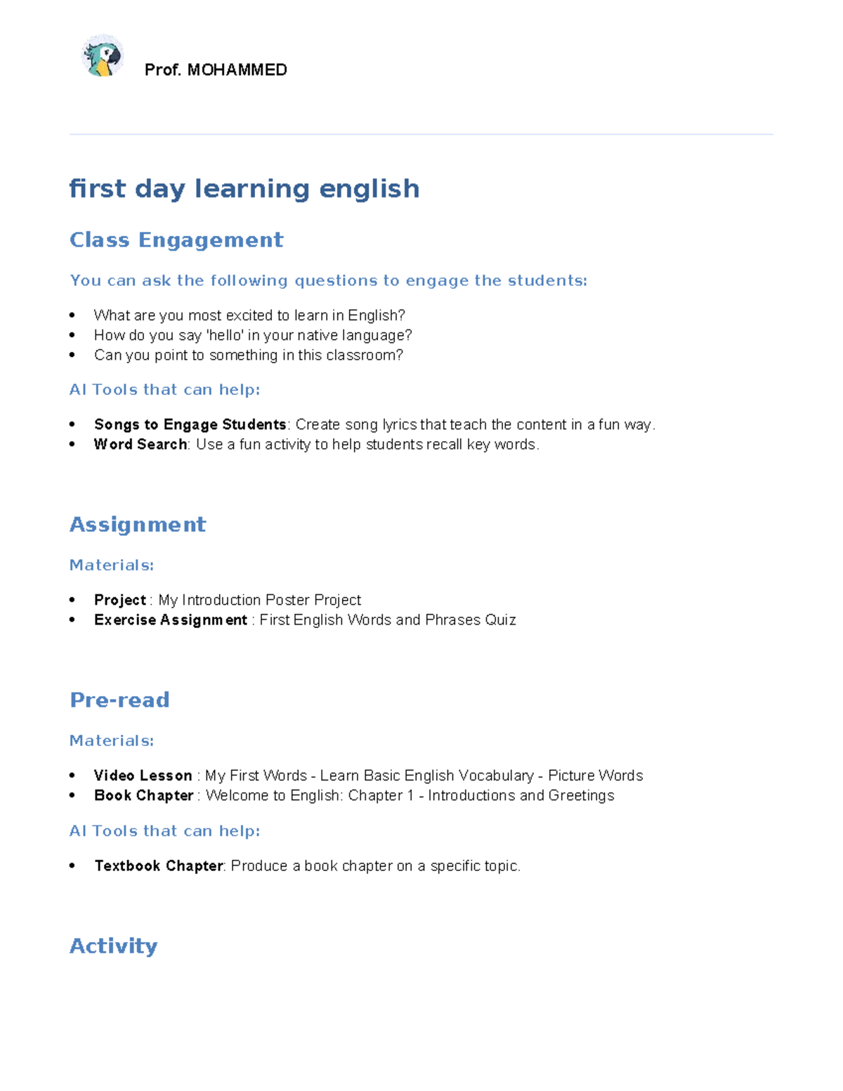 ENG 101: First Day English Class Engagement Activities and Objectives ...