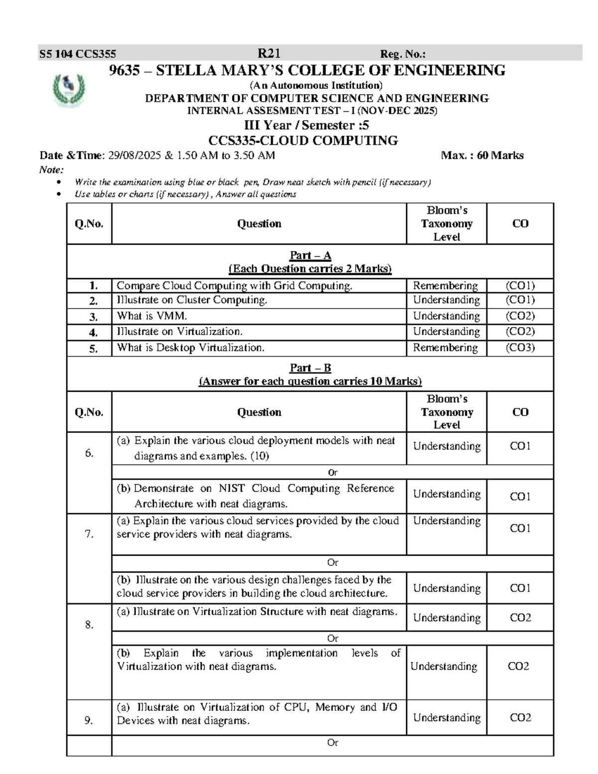 CCS355 Internal Assessment Test I - Cloud Computing Concepts - Studocu