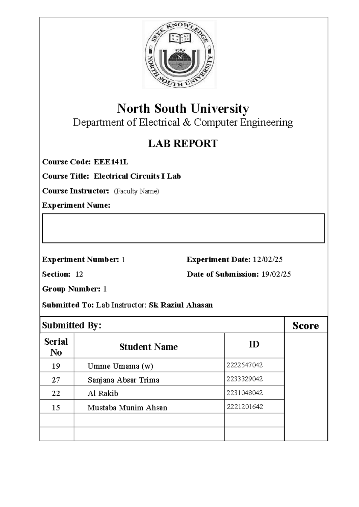 EEE141L Lab Report Cover Page - North South University Department of Electrical & Computer - Studocu