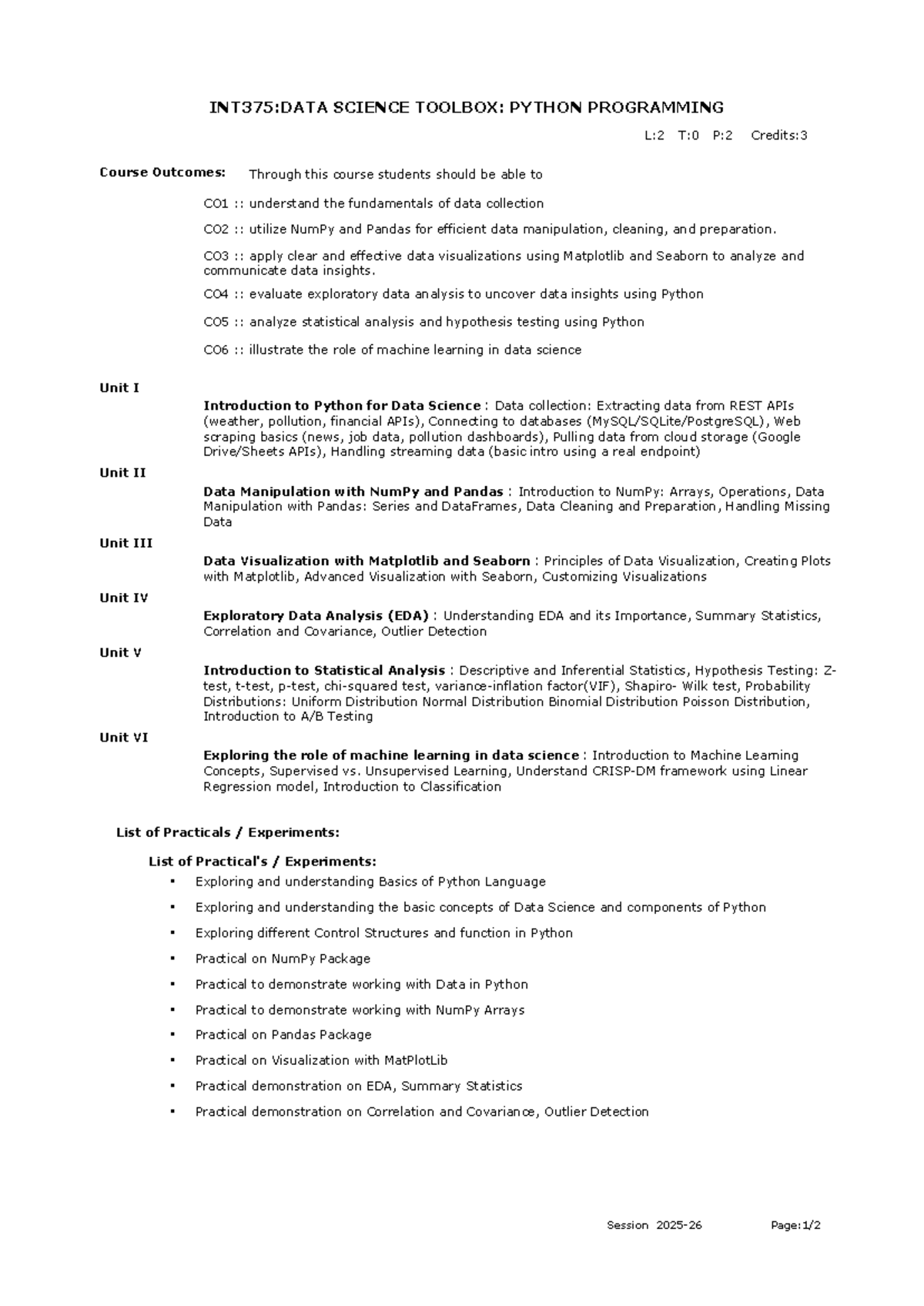 INT375: Data Science Toolbox - Python Programming Syllabus - Studocu