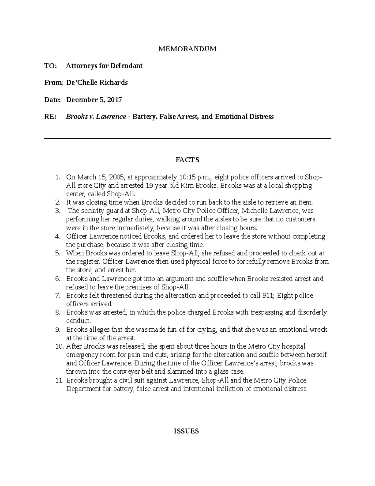 Case Memo LS428 - Brooks v. Lawrence: Battery, False Arrest, Emotion ...
