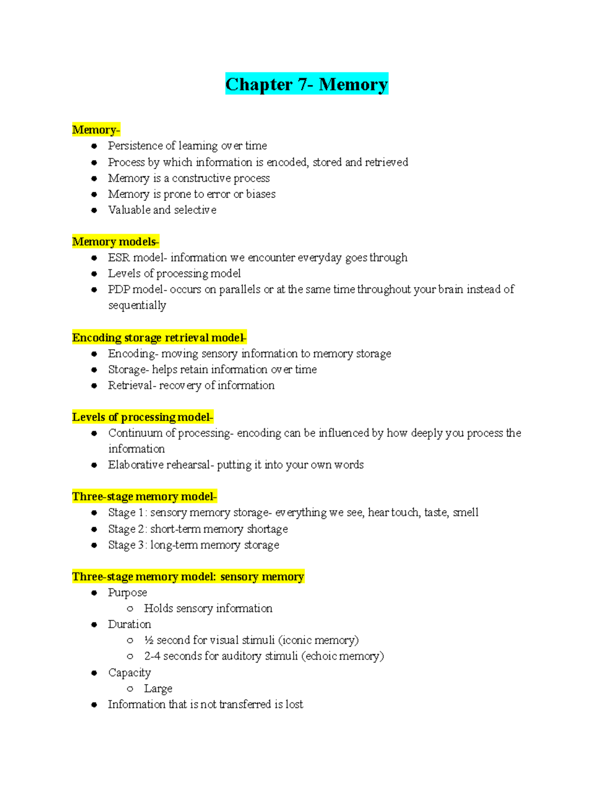 Psychology notes- 10 18 - Chapter 7- Memory Memory- Persistence of ...