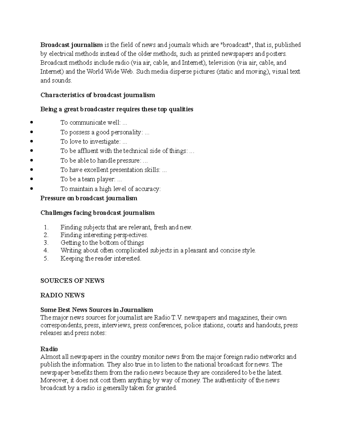 Broadcast Journalism Fair Notes: Key Aspects and Challenges - Studocu