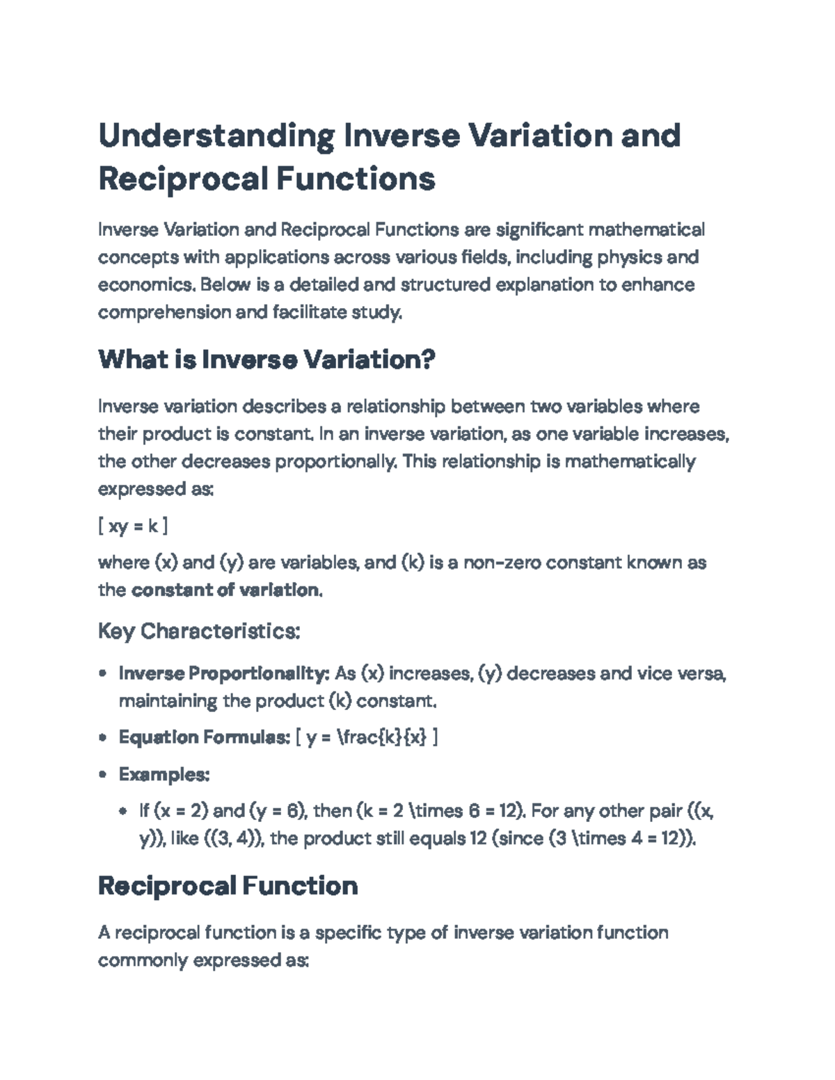 Understanding Inverse Variation & Reciprocal Functions in Math ...