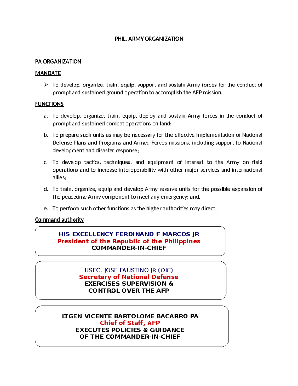 PHIL. ARMY ORG: Mandate, Functions & Command Authority Overview - Studocu