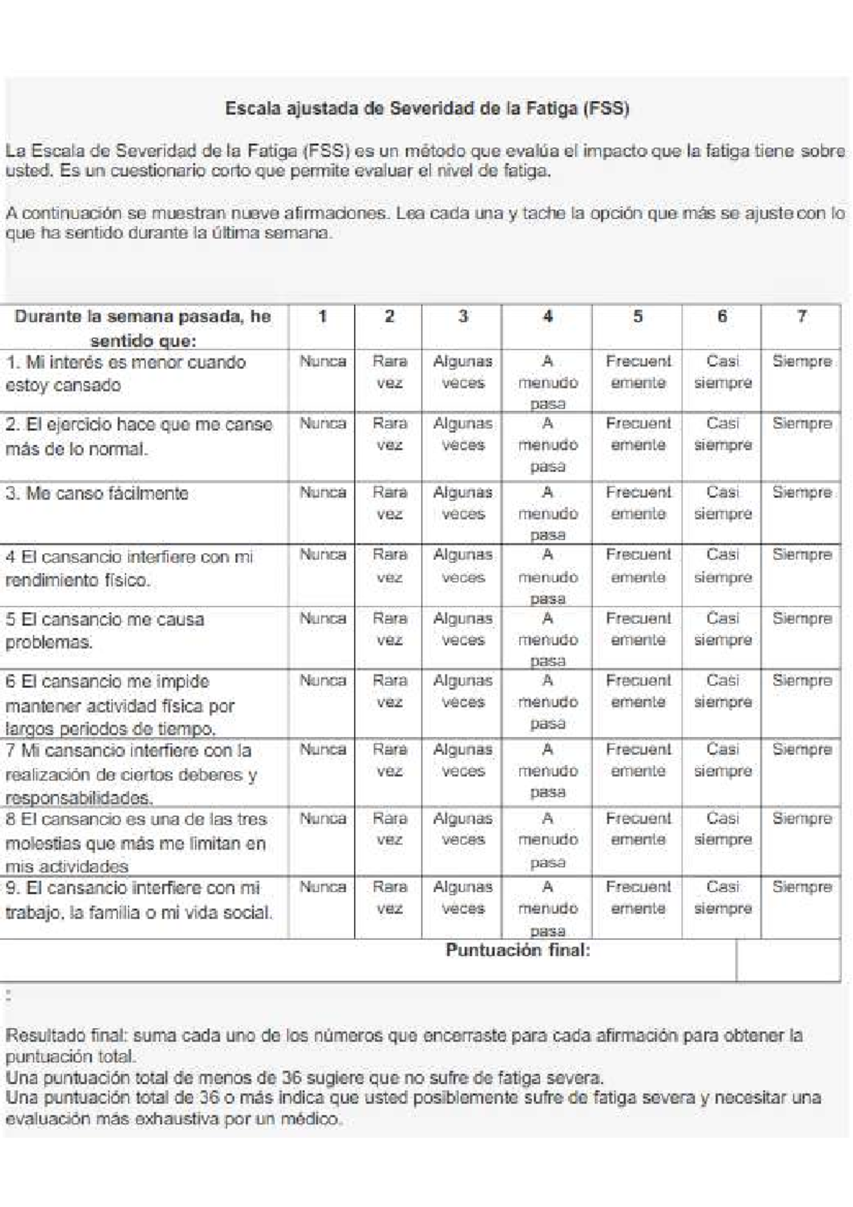 Escala de Severidad de la Fatiga (FSS) - SGB Evaluación y Resultados - Studocu