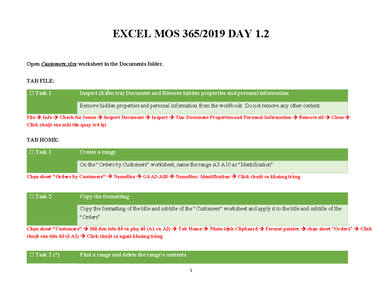 EXCEL MOS 365/2019 DAY 1.2 - Key & MOS Exercises - Studocu