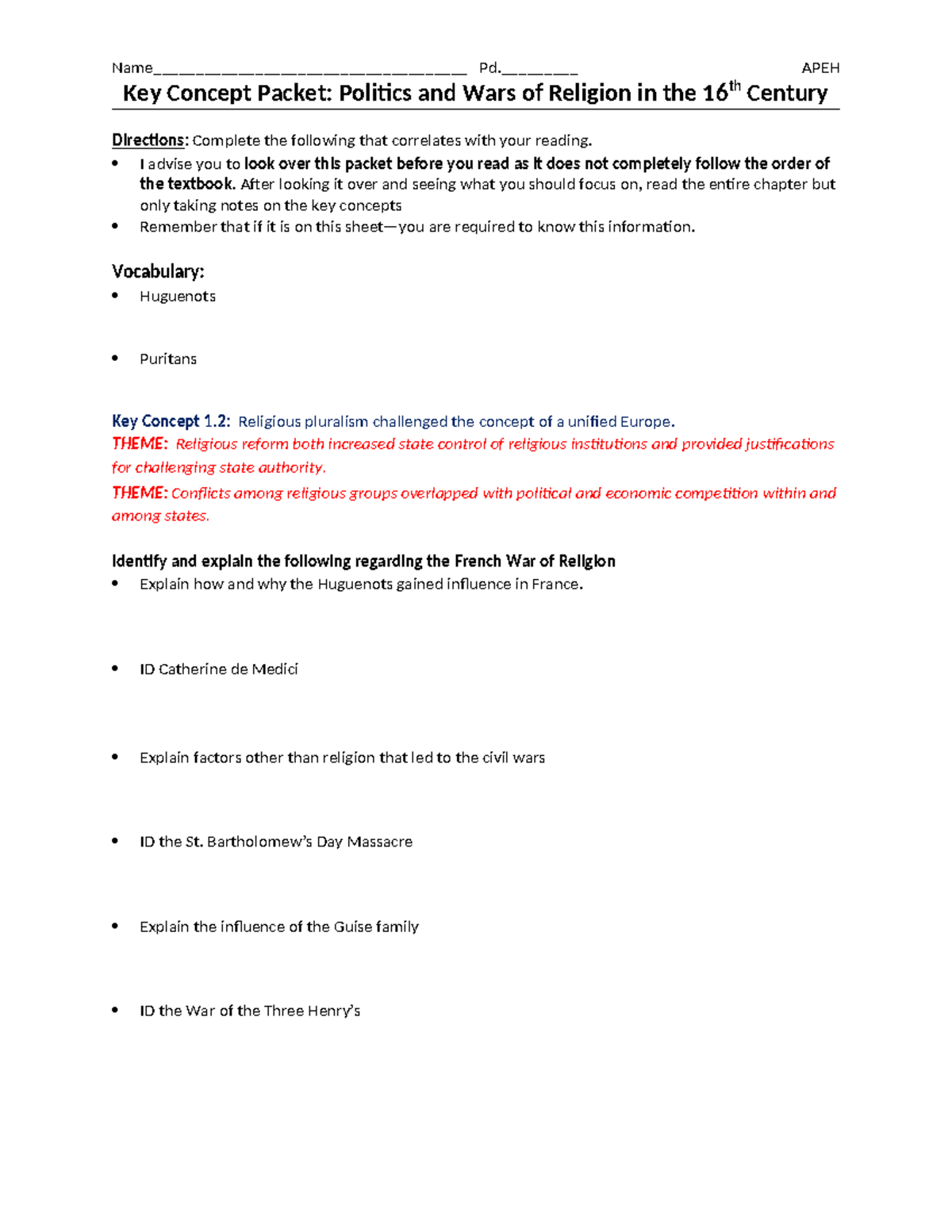 APEH Key Concept Packet: Politics & Wars of Religion in the 16th ...