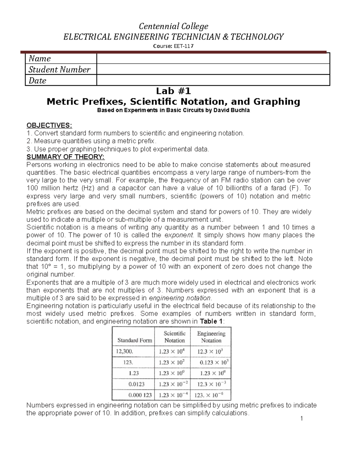 EET-117 Lab 1 F20: Metric Prefixes, Scientific Notation & Graphing ...