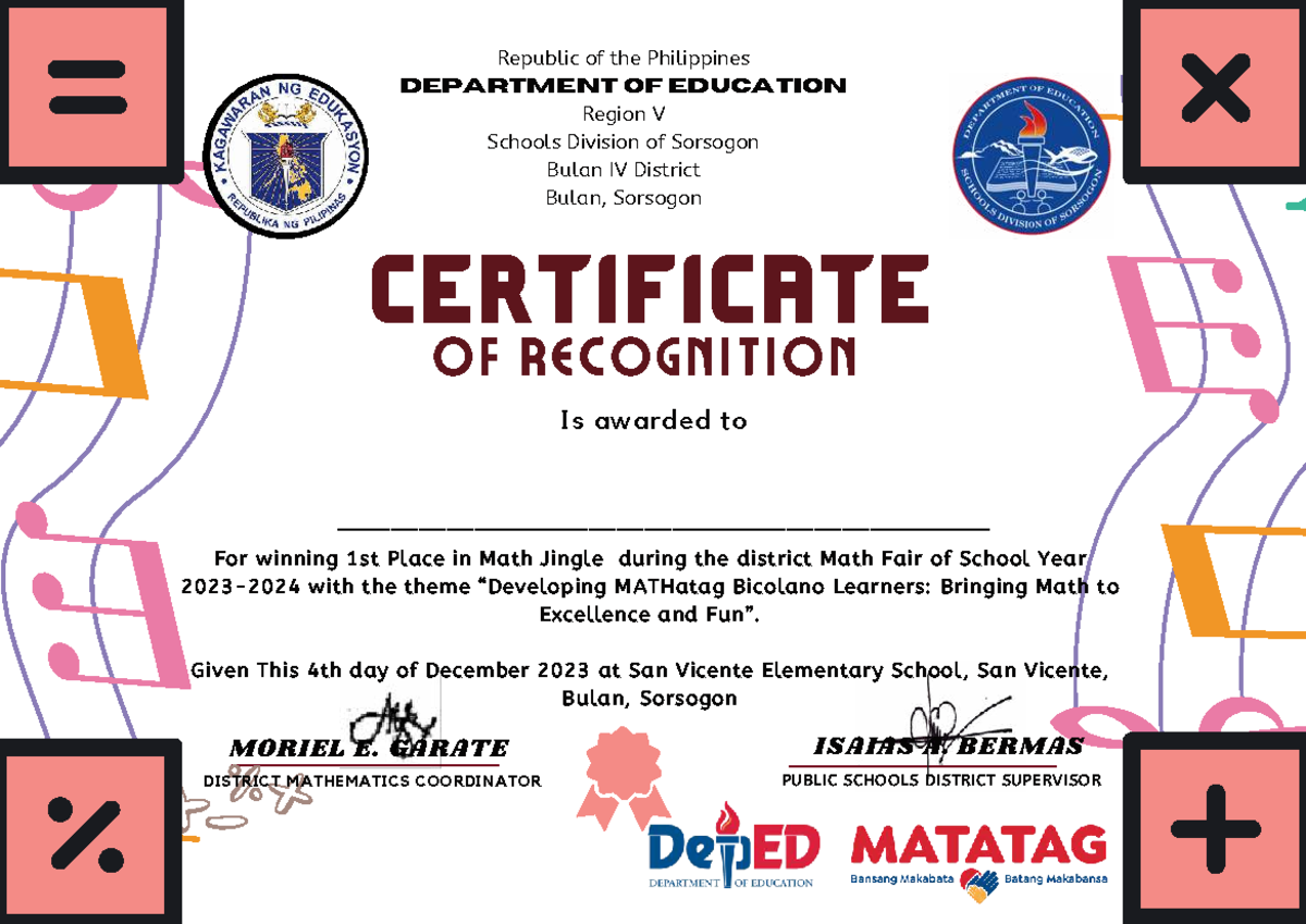 Math Fair Final Certificates for Grades 6-12 - SY 2023-2024 - Studocu