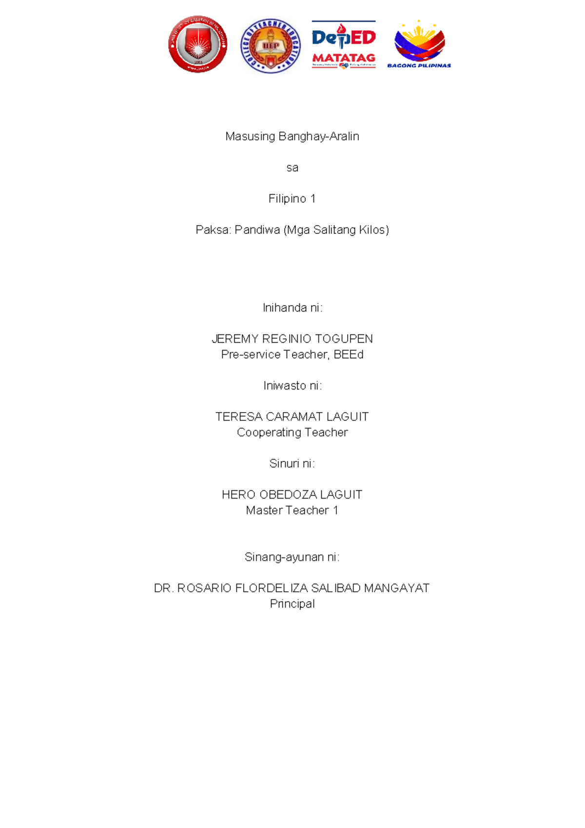 Detailed Lesson Plan for Final Demonstration Teaching (Filipino 1 ...