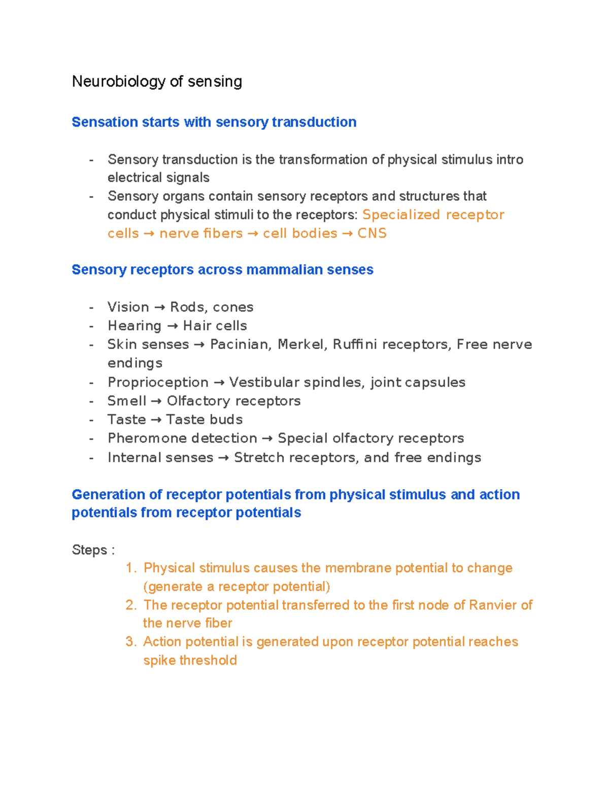 Neurobiology of Sensation: Sensory Transduction Overview (Note 8 ...