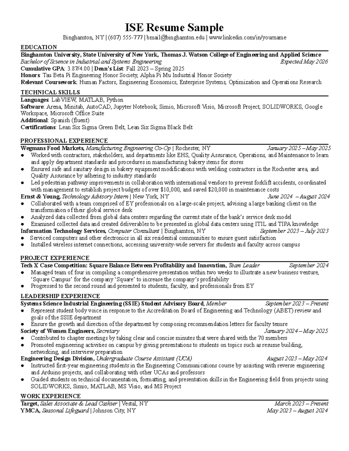 ISE Resume Sample - Industrial and Systems Engineering (Binghamton ...