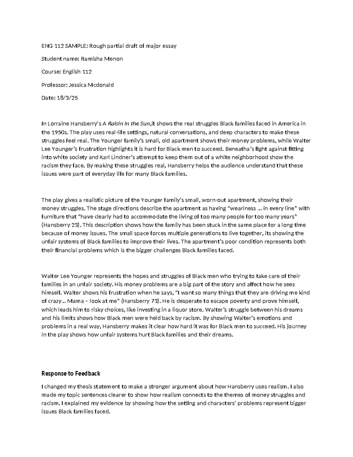 ENG 112 Essay Draft: Exploring Realism in A Raisin in the Sun - Studocu