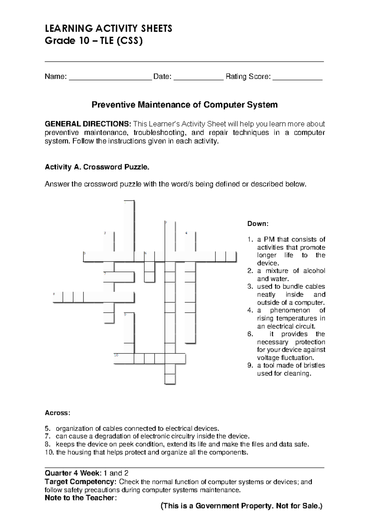 TLE-TE 10 Q4 ICT CSS Learning Activity Sheets on Computer Maintenance - Studocu