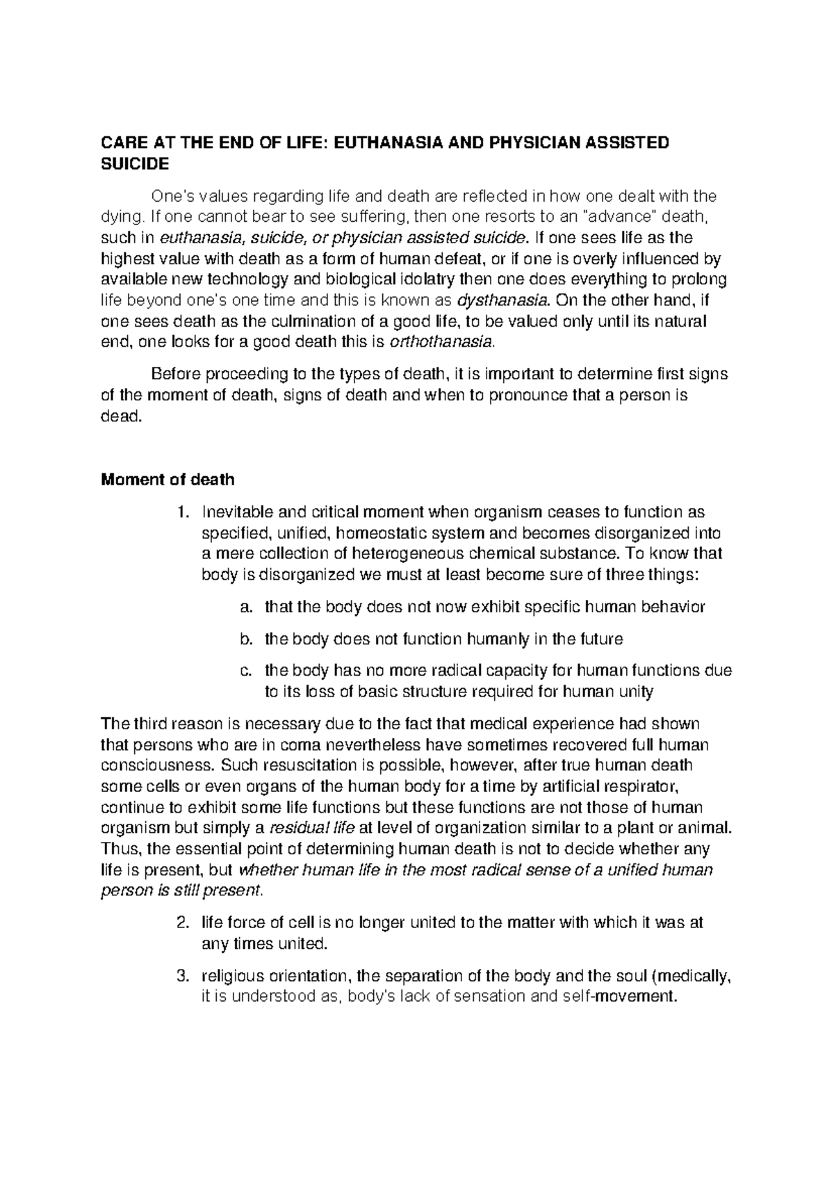 Week 17 - Care at the End of Life - CARE AT THE END OF LIFE: EUTHANASIA ...