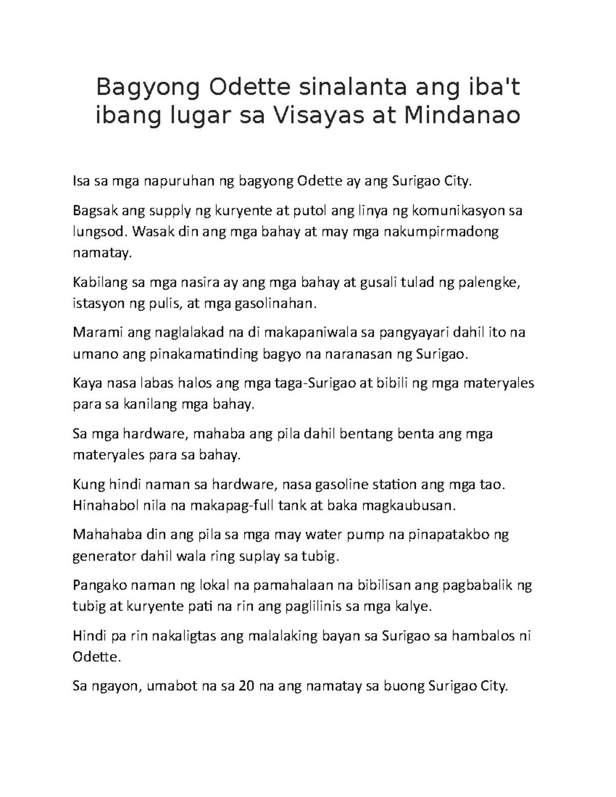 Balita Tungkol sa Typhoon Odette sa Surigao City - Studocu