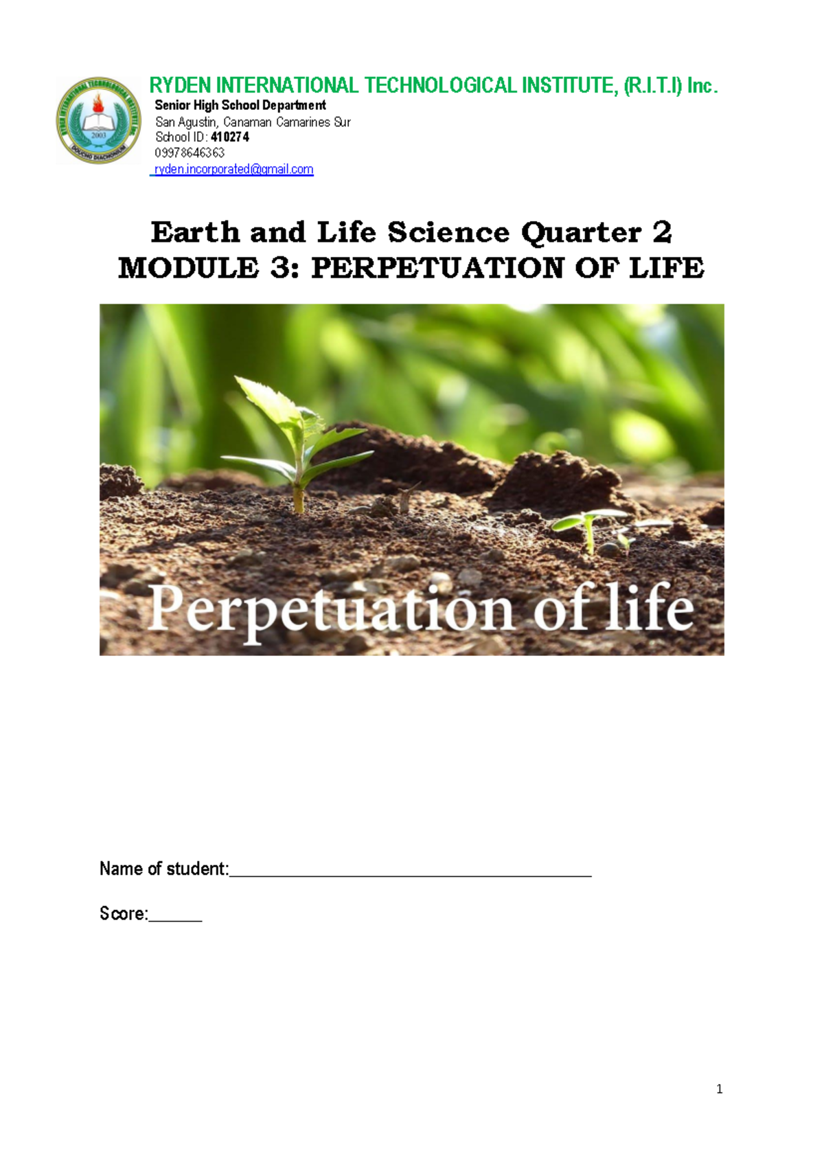 Earth and Life Science Q2 Module 3: Perpetuation of Life Study Guide ...