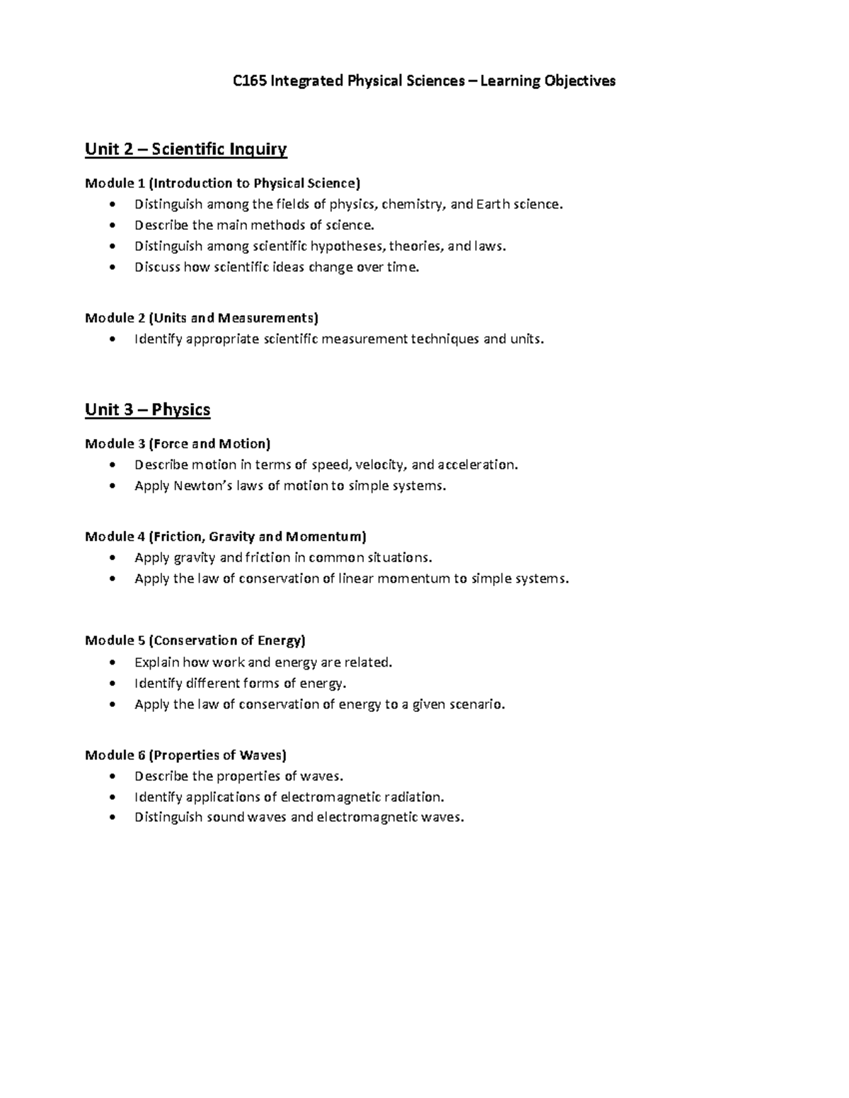 C165 Integrated Physical Sciences learning objectives - C165 Integrated ...