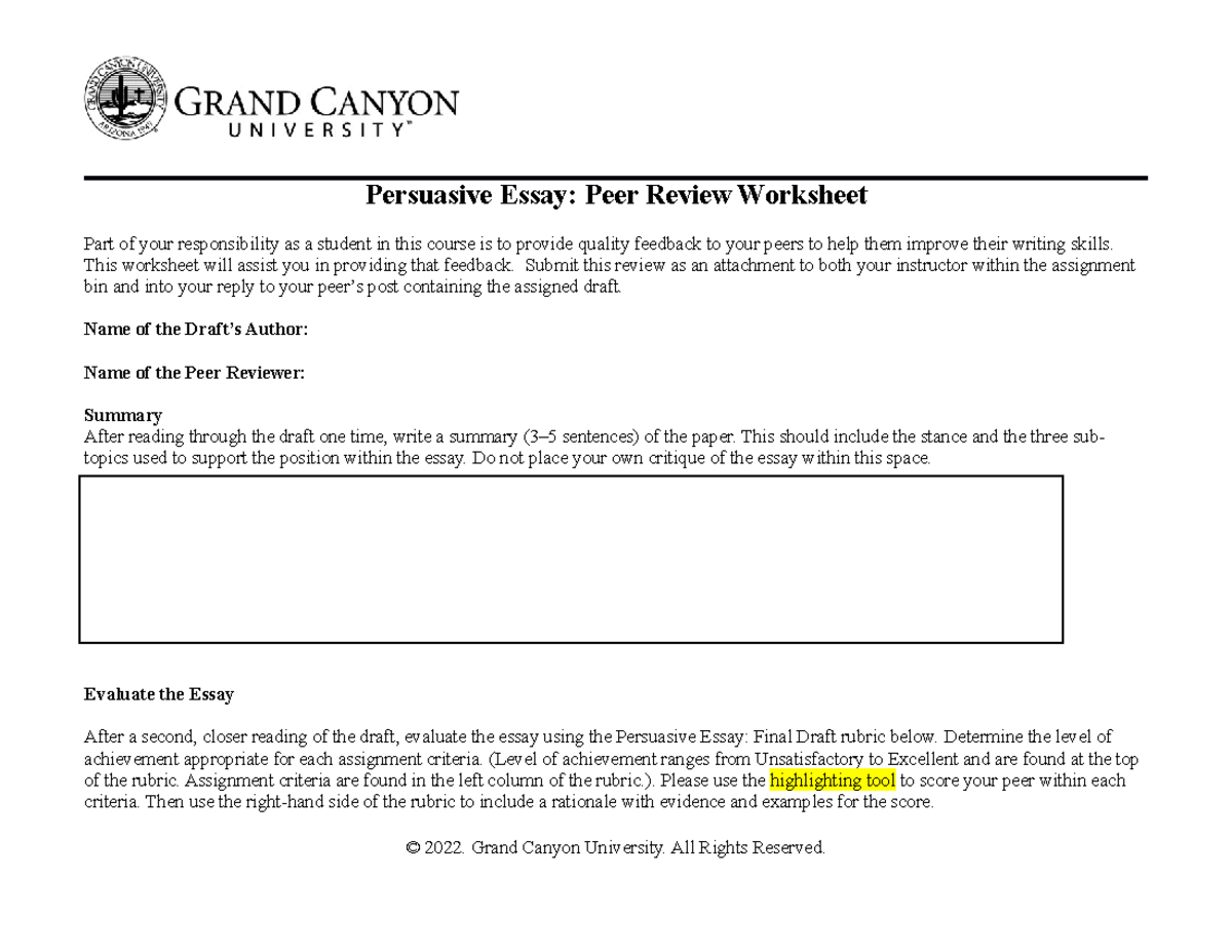 PHI-105 T-6 Persuasive Essay Peer Review Worksheet - Persuasive Essay ...