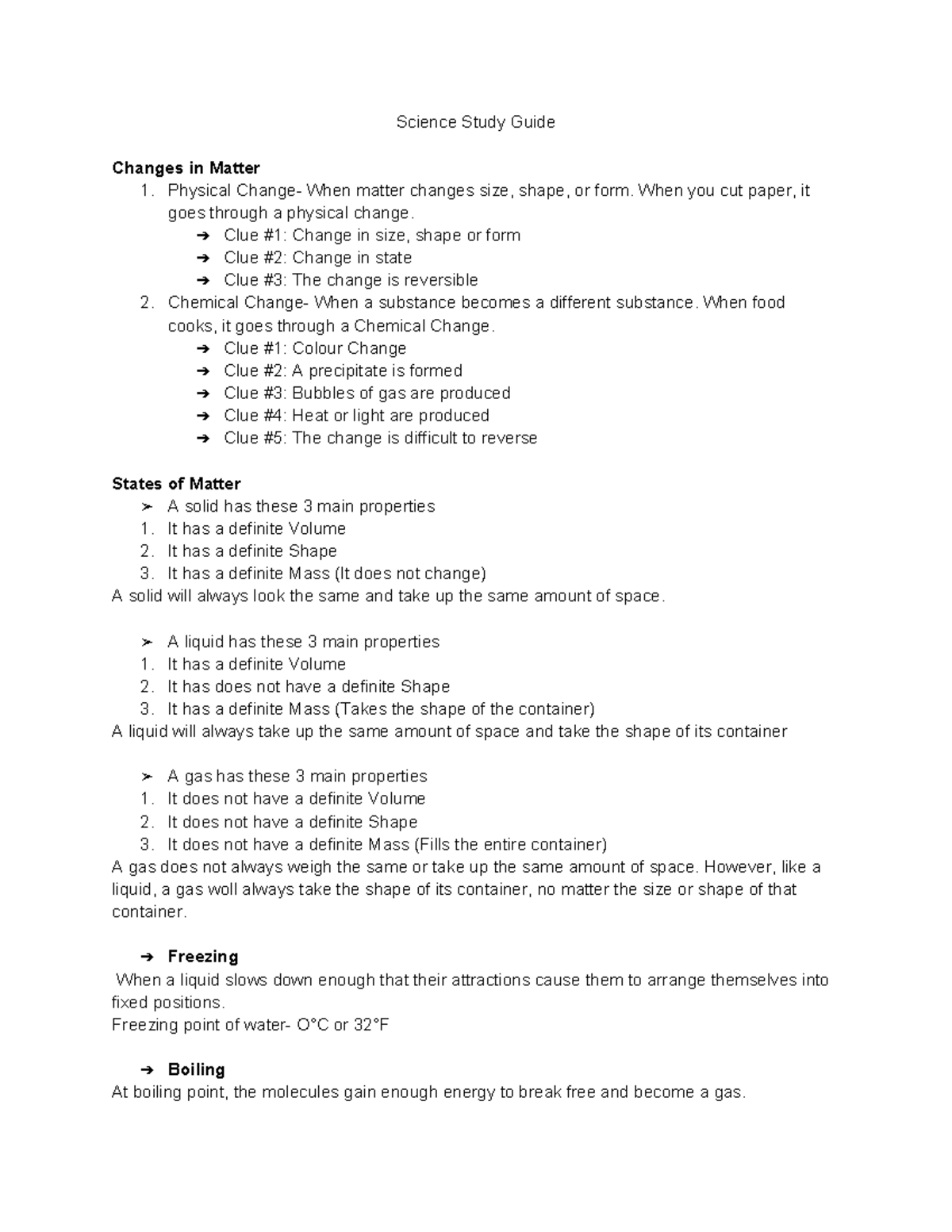 Science Study Guide: Changes & States of Matter Concepts - Studocu