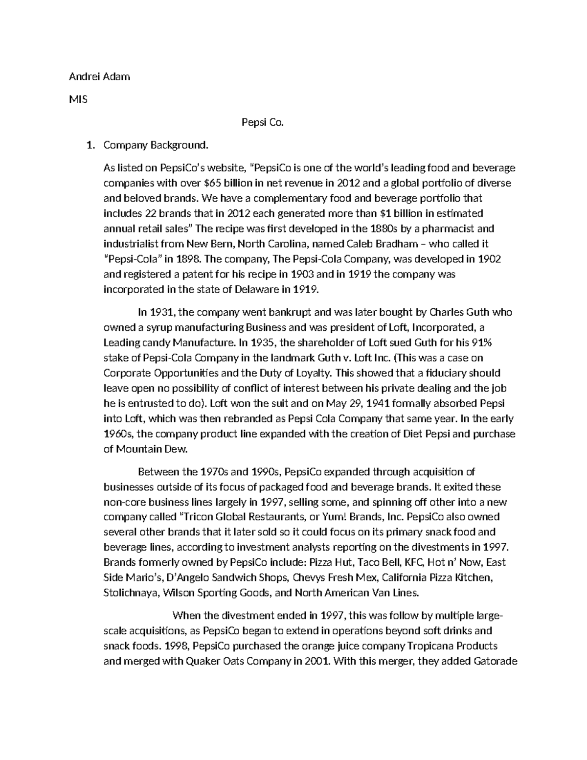 MIS Project Pepsi Co - hope it helps - Andrei Adam MIS Pepsi Co ...