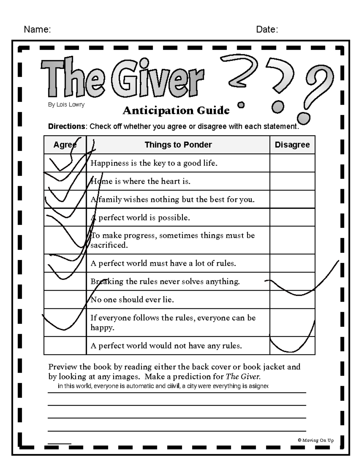 Nolan Schultz - The Giver Anticipation Guide (ENG 101) - Studocu