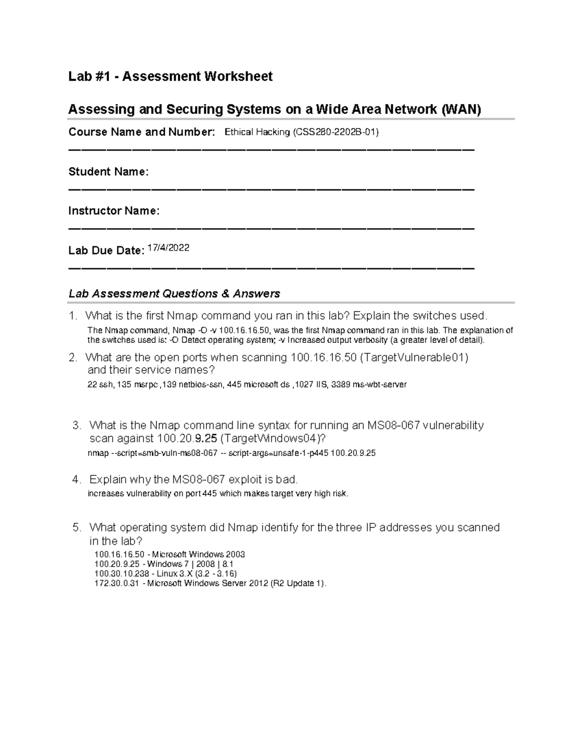 Assessing and Securing Systems on a Wide Area Network (WAN) - Lab #1 - Assessment Worksheet ...