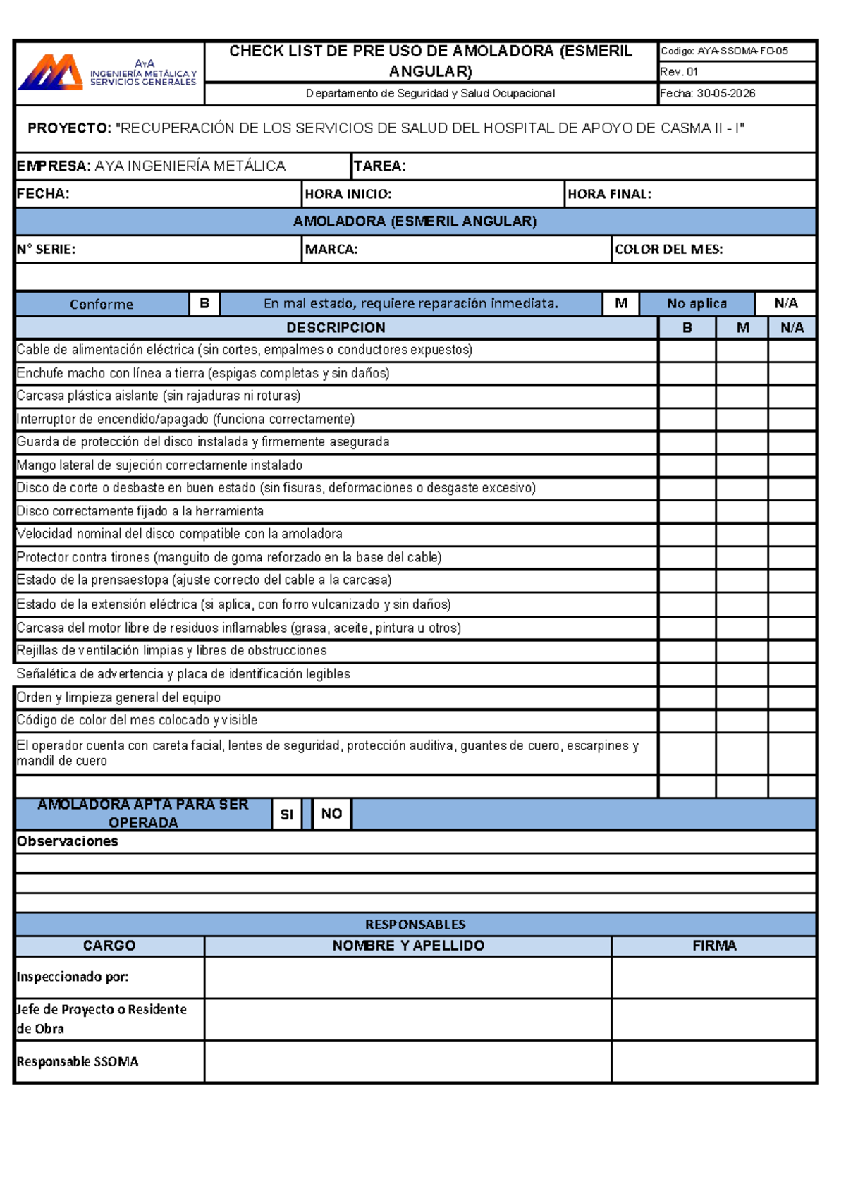 Check List de Pre Uso de Amoladora (Esmeril Angular) - Rev. 01 - Studocu
